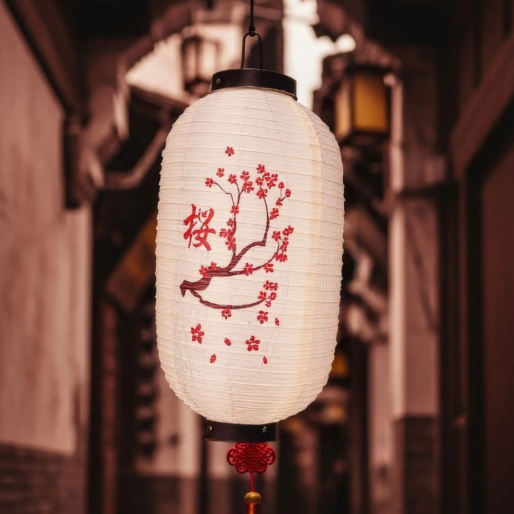 Lampion Chinois Blanc - Branche de Cerisier Rouge | Chine Céleste